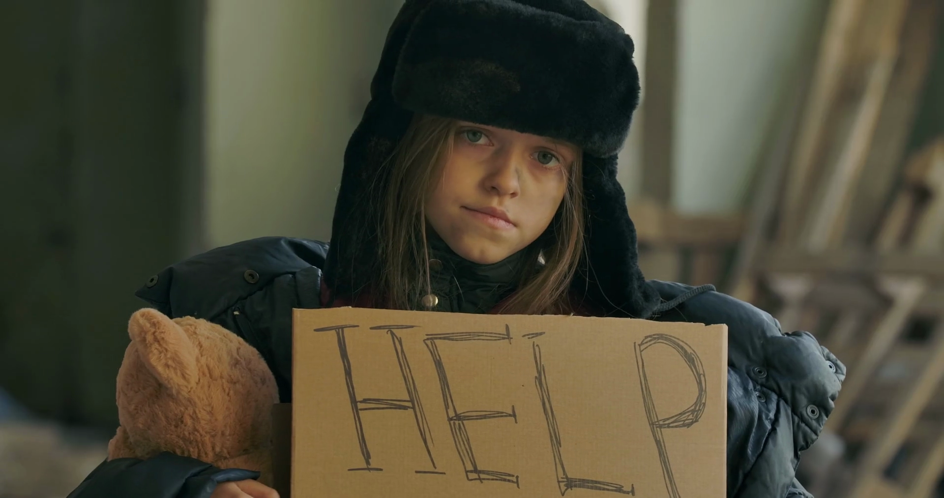 Portrait Of Sad Homeless Child Holding Help Stock Footage SBV-337839760 ...