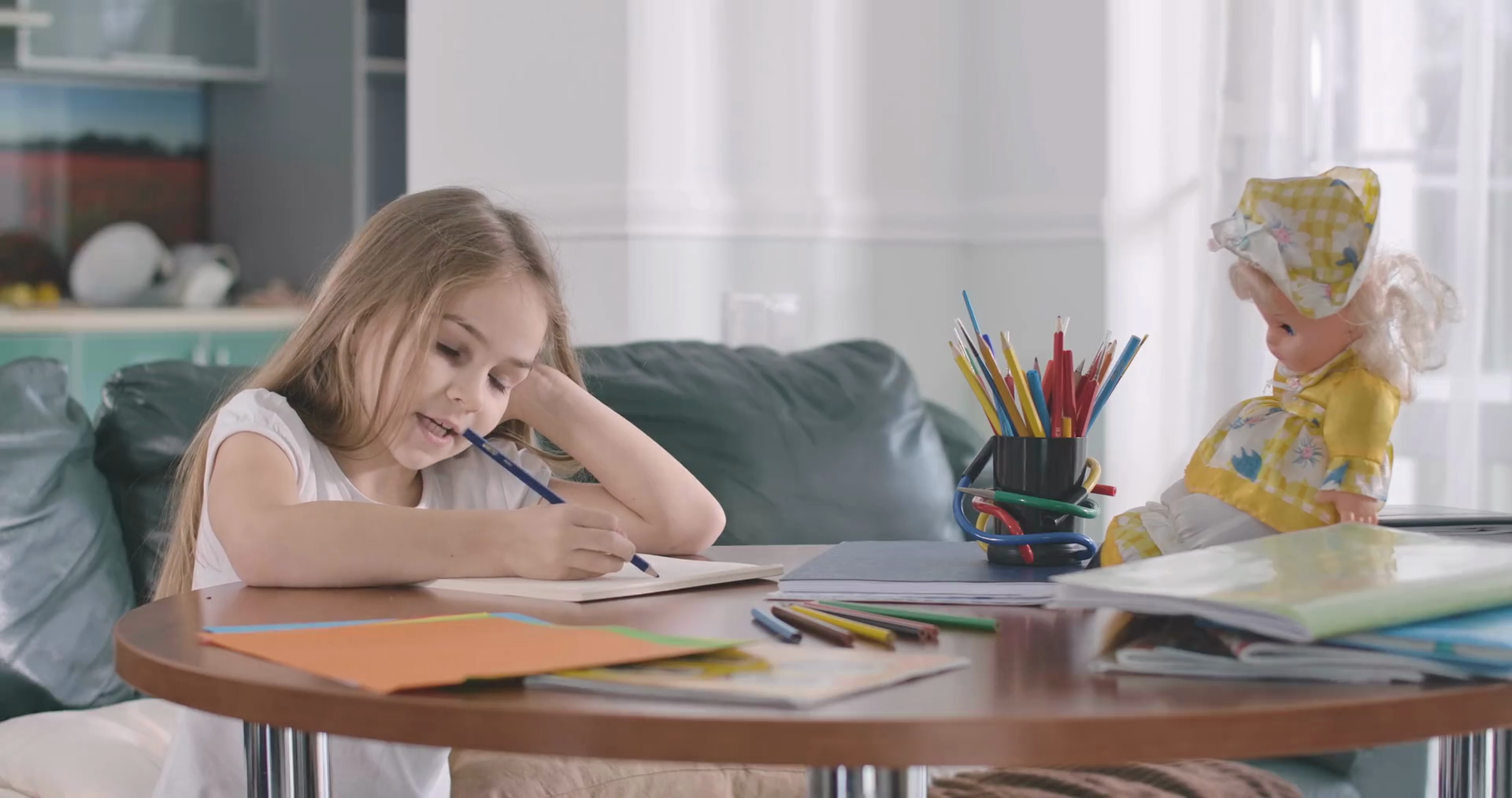 Sad Caucasian Schoolgirl Doing Homework At Stock Footage SBV-338161470 ...