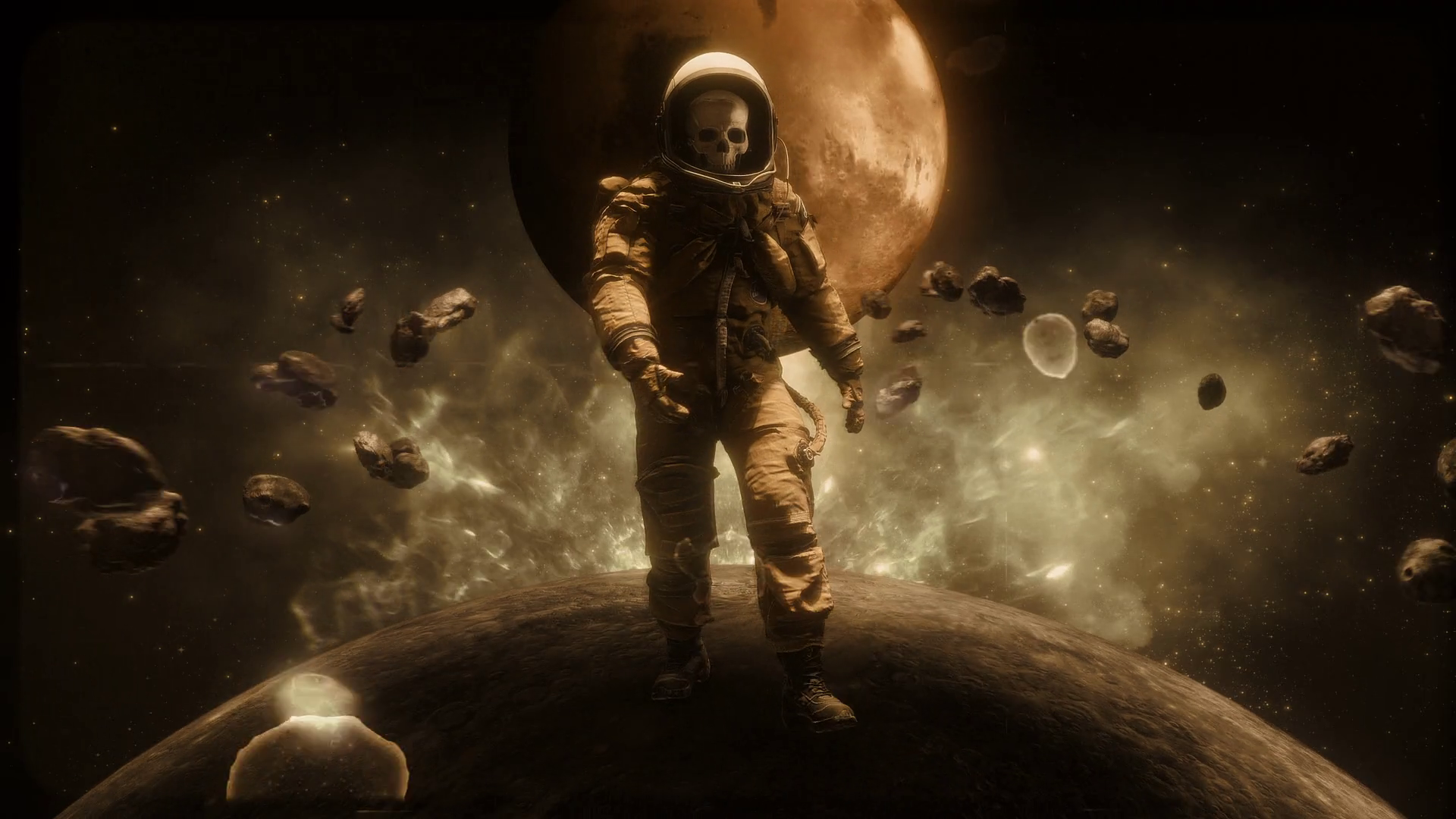 Sepia Style Skull Astronaut Walk In Space Stock Motion Graphics SBV-351900701 - Storyblocks