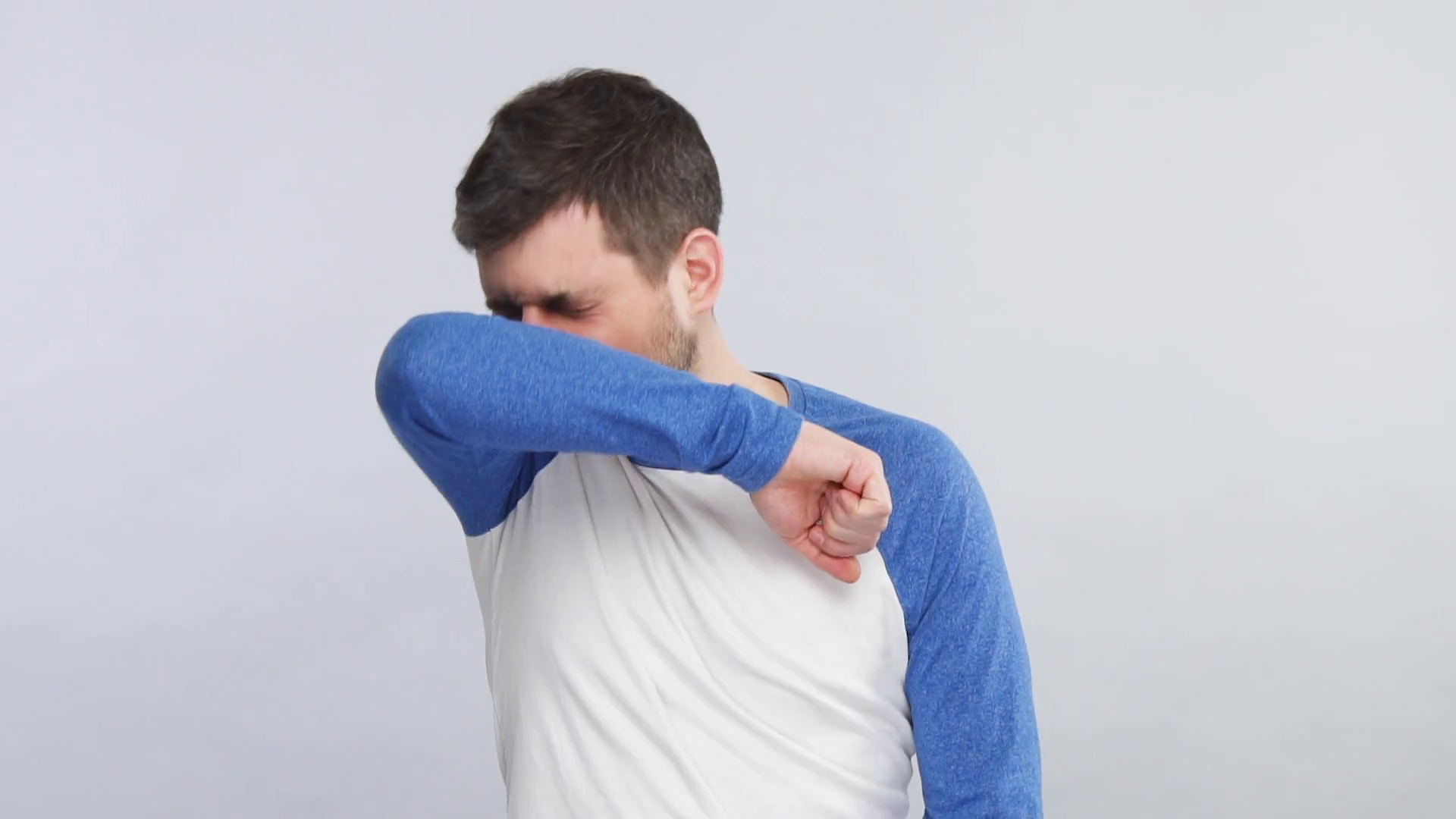 Bearded Man Sneezes Into Elbow Practicing Stock Footage SBV-338254216 ...