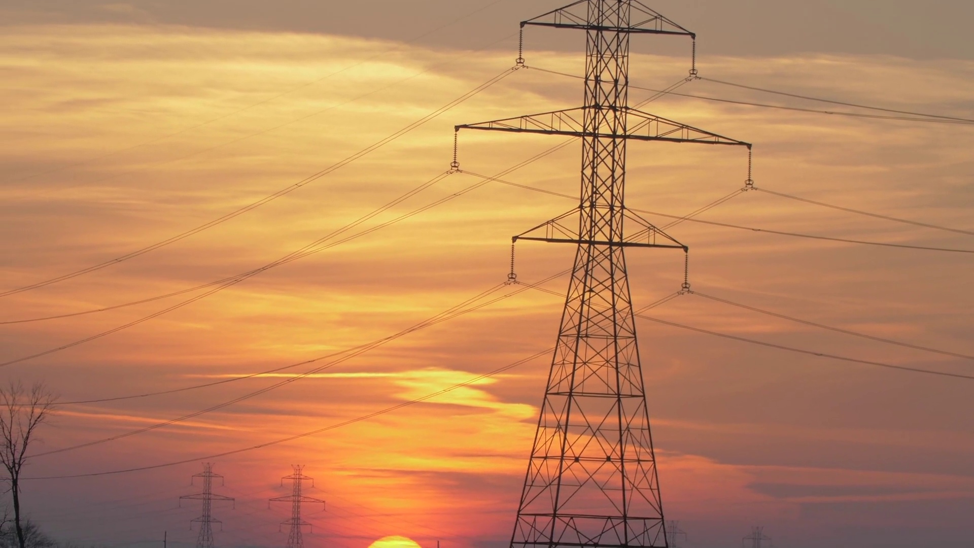 Beautiful Sunset Over Power Lines Electricity High Voltage Tension Sun ...
