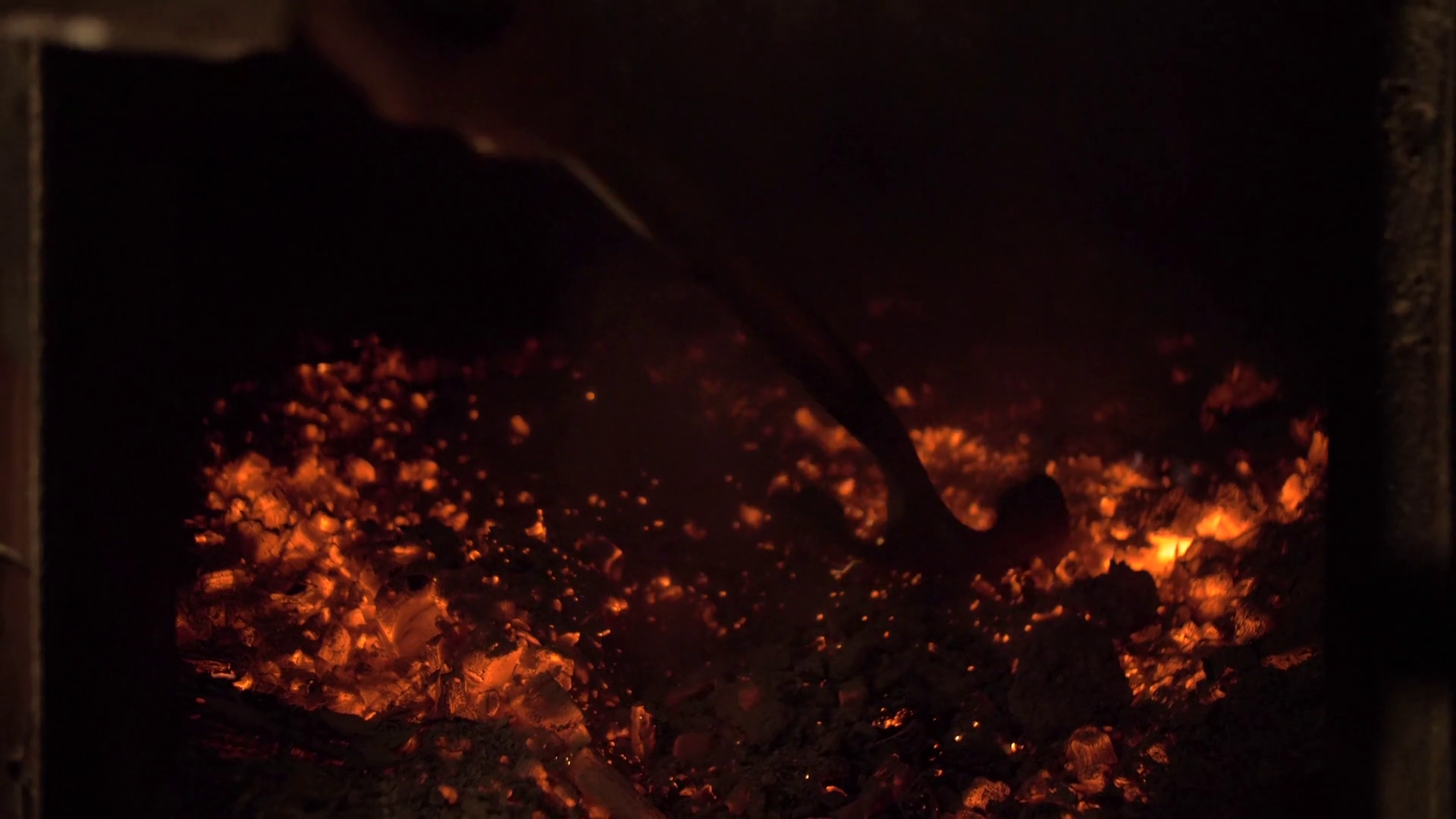 Stoking Fire Falling Coals Slow Motion Shovel Fireplace Outdoor Furnace ...