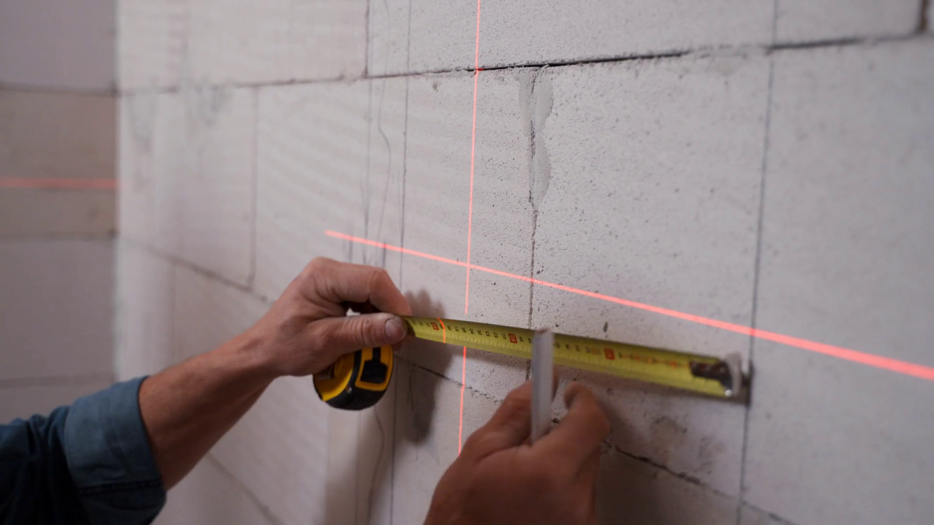 Handyman Drawing Line On Dry Wall With Help Stock Footage SBV-346911356 ...