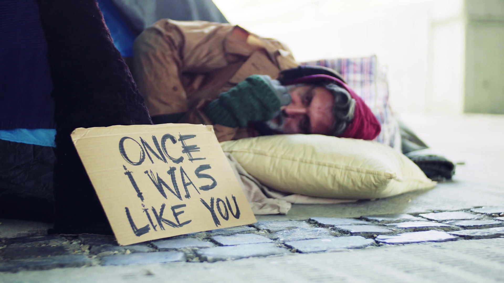 Homeless Beggar Man Lying Outdoors In City Stock Footage SBV-331297909 ...
