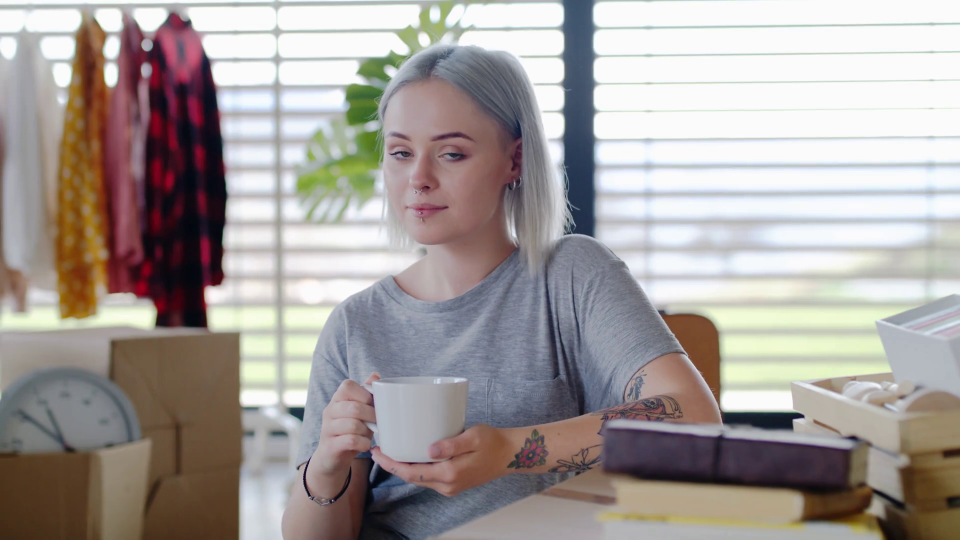 Portrait Of Young Woman With Coffee Moving Stock Footage SBV-338430625 ...