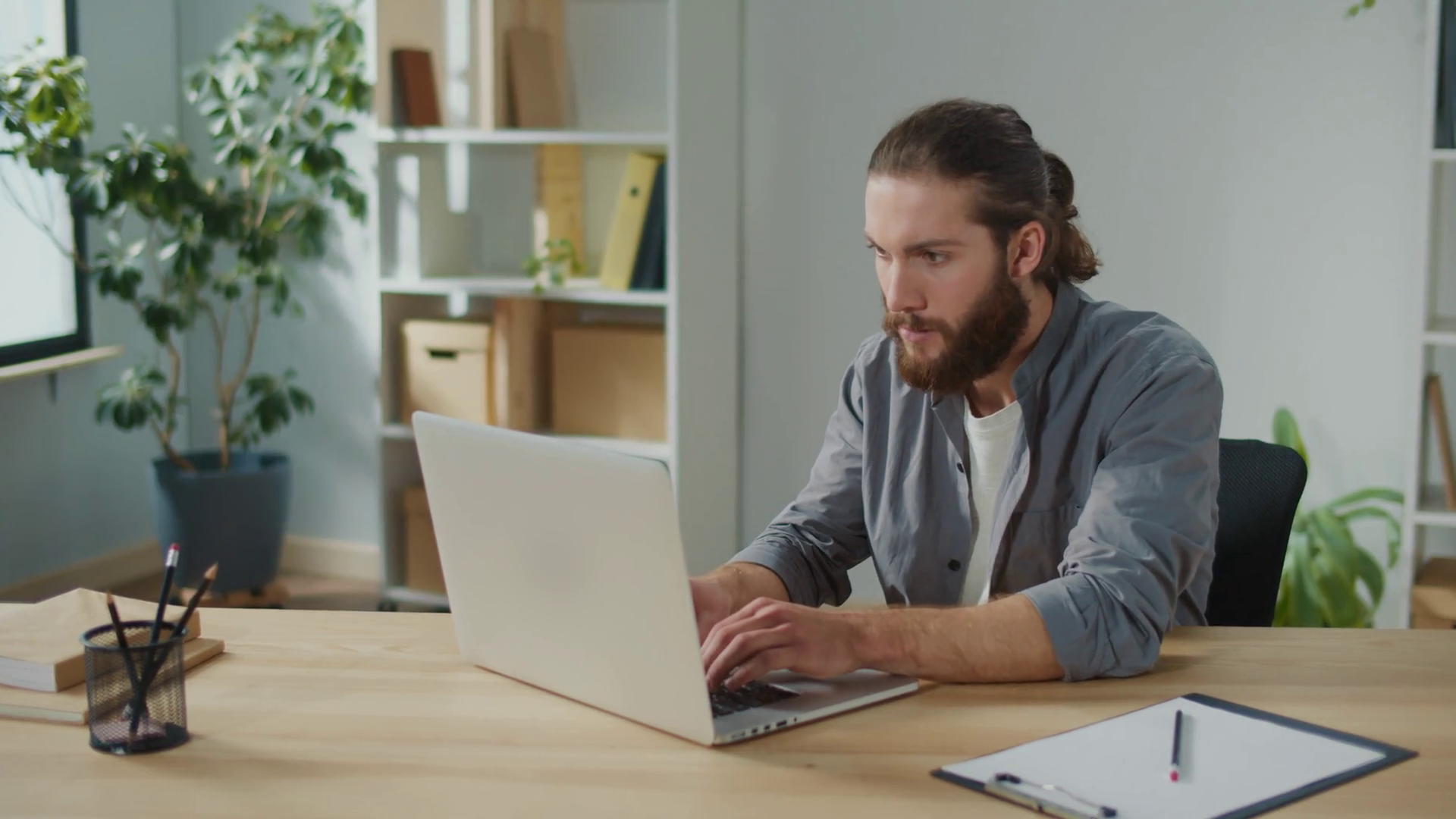 Freelancer Sitting At Table With Laptop Stock Footage SBV-348811074 ...
