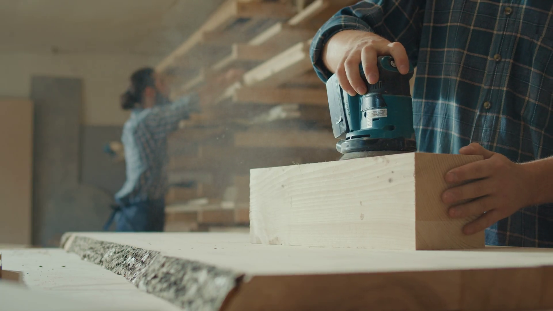 Close-up Of Work Sanding Wooden Plank With Stock Footage SBV-348825700 ...