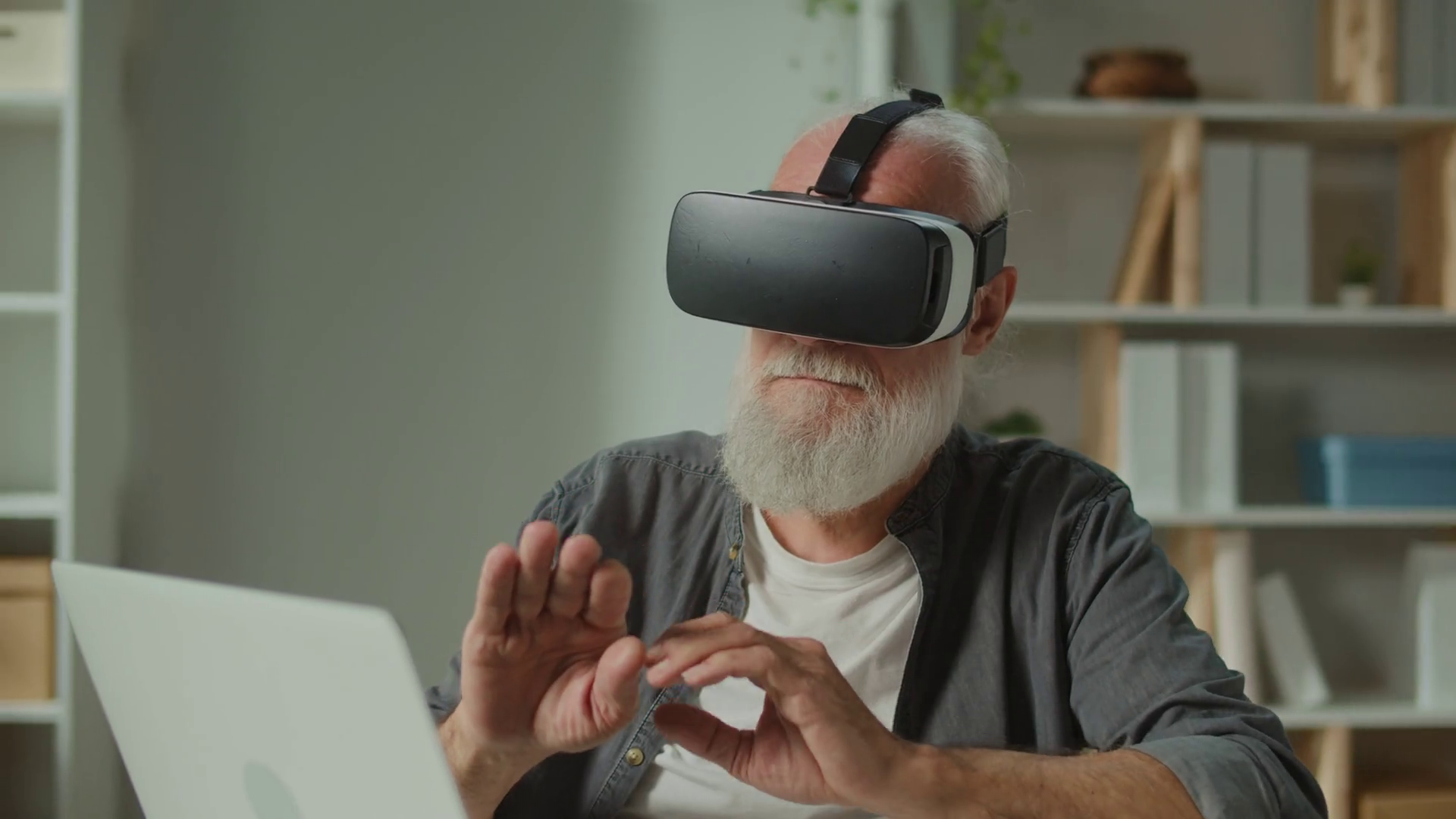 A Modern Old Man In Vr Examines Touches Stock Footage SBV-348813227 ...