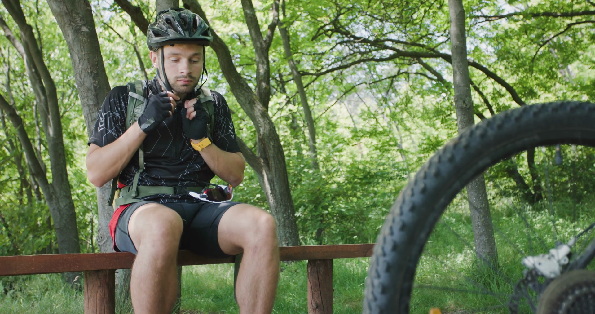 Mountain Biker Sitting On Bench In Forest Stock Footage SBV-352972971 ...