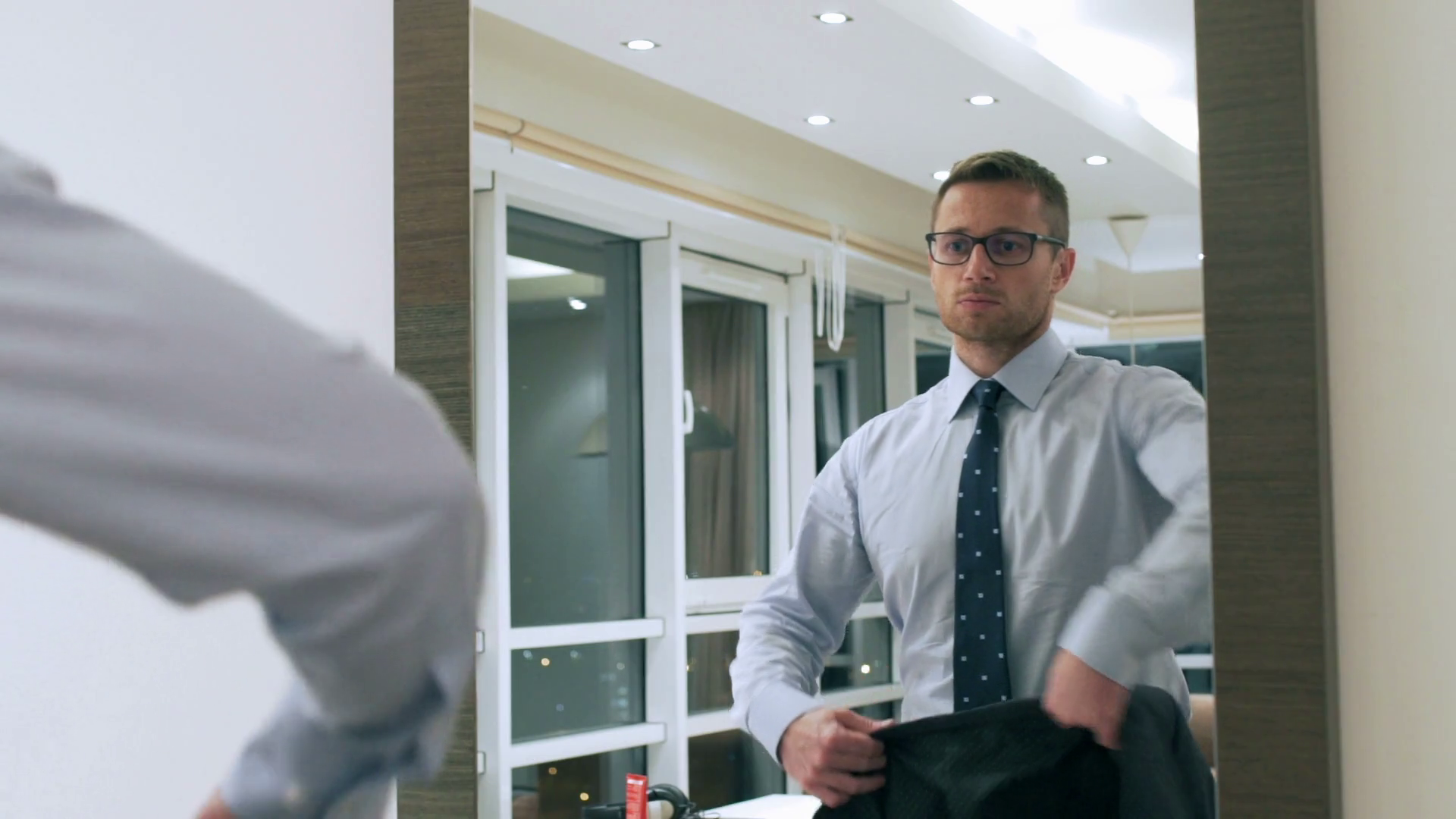 Businessman Getting Ready In Front Of Mirror Stock Footage SBV ...