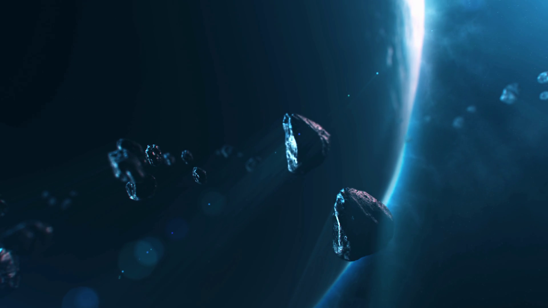 3D animation of asteroids flying through solar system with planet and ...