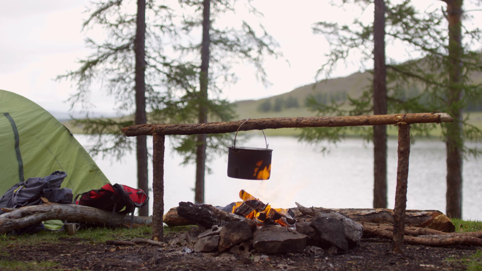 Serene Campsite With Tent Backpacks Stock Footage SBV-337771065 ...