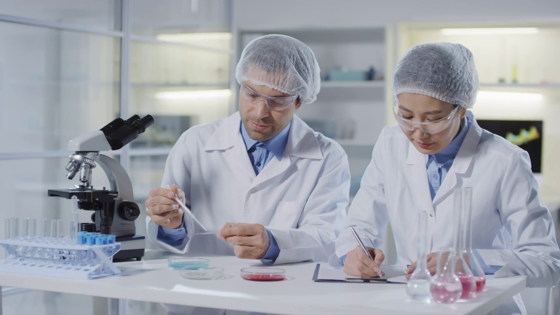 Medium shot of male and female medical scientists in bouffant caps and ...