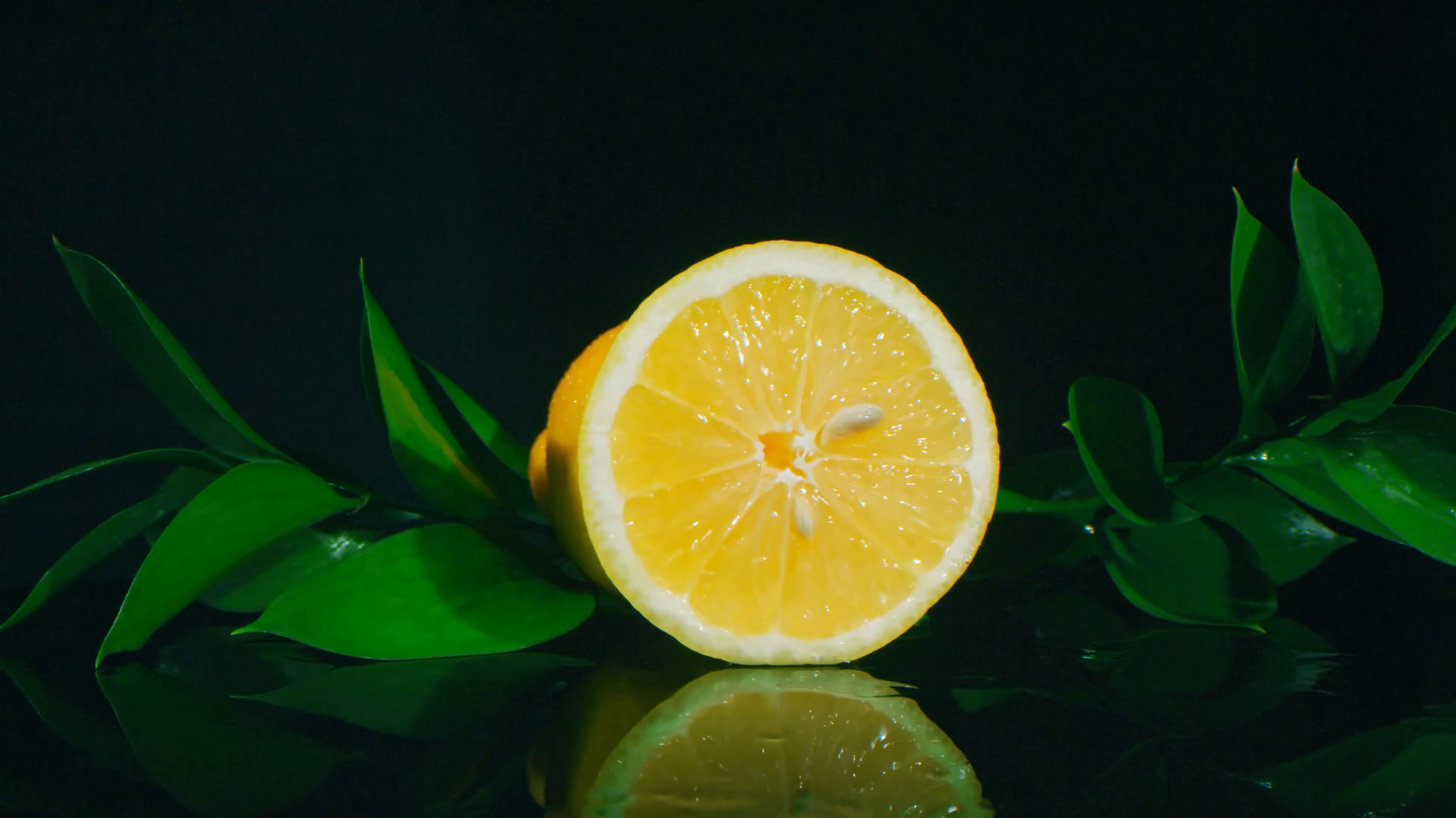 Zoom in macro close-up of circle of juicy fresh lemon flesh with seeds ...