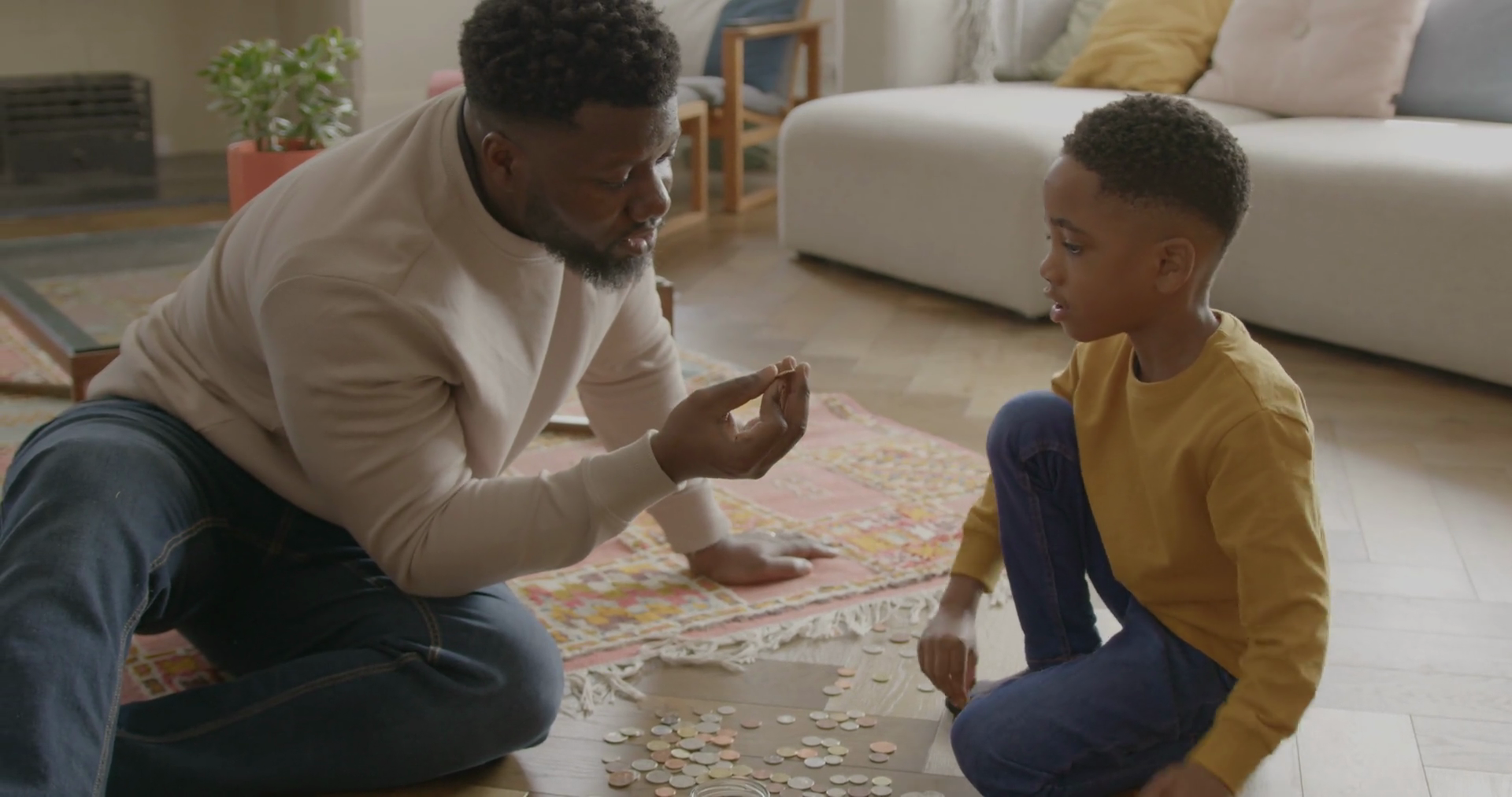 Father Son Counting Coins From Piggy Bank Stock Footage SBV-351790017 ...