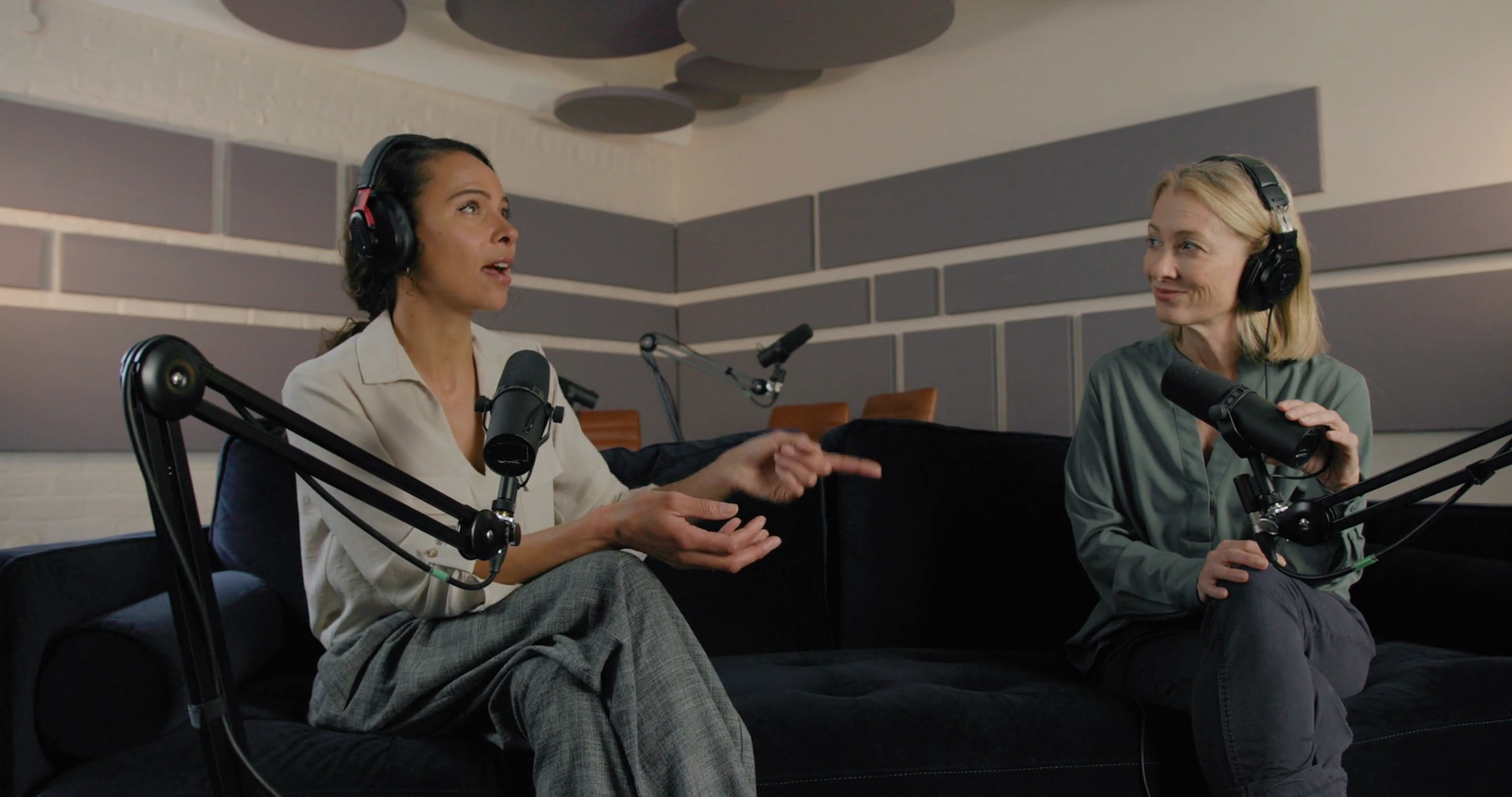Female Podcaster On Sofa In Studio Stock Footage SBV-351775359 - Storyblocks