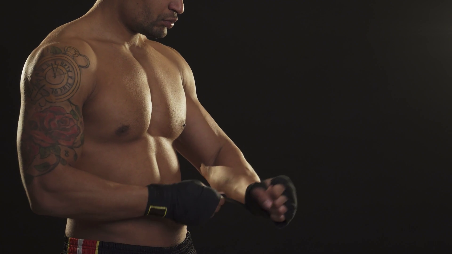 Muscular Shirtless Fighter Wrapping Knuckles Stock Footage SBV ...
