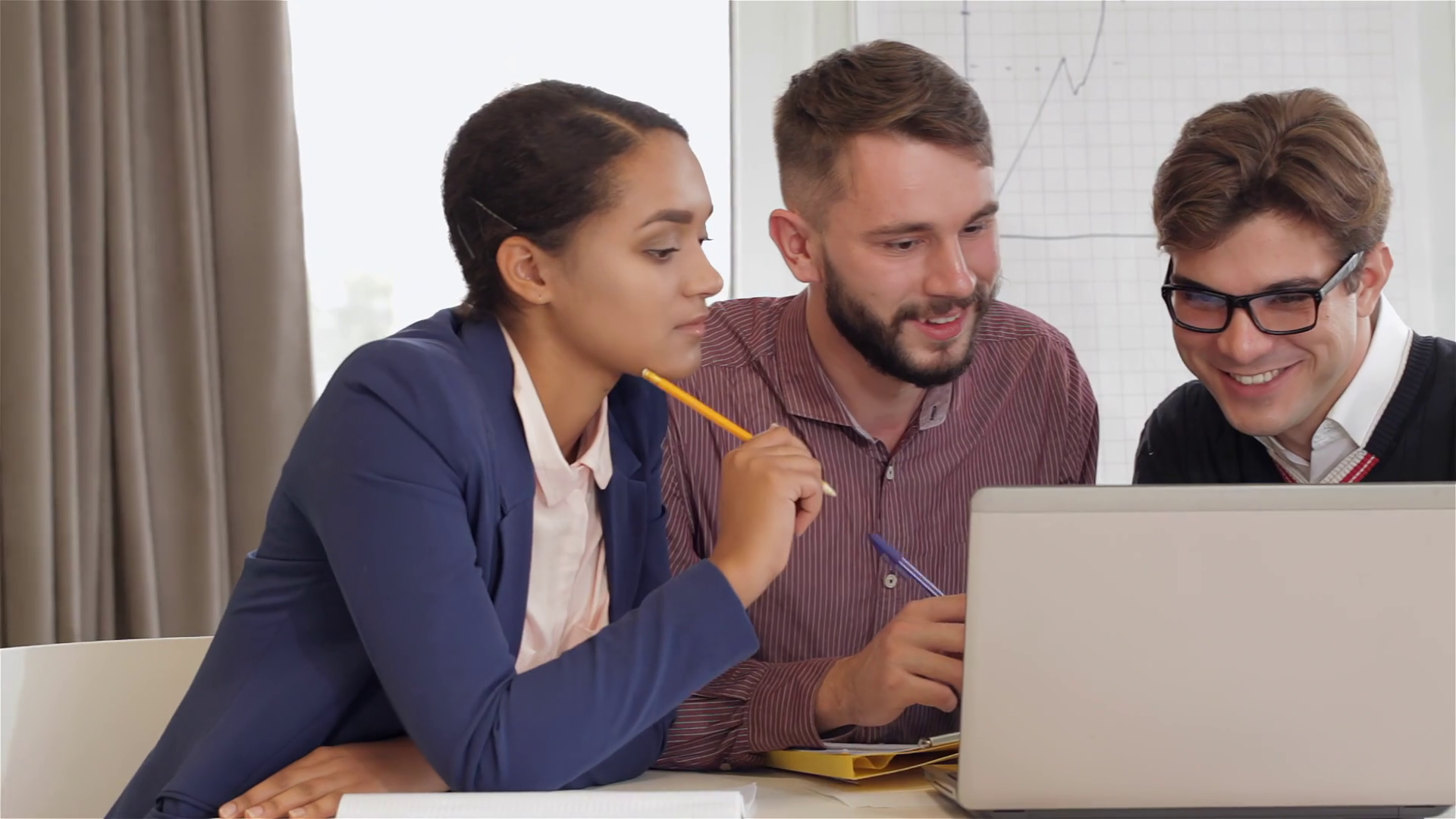 Two Men Woman Look At Laptop Stock Footage SBV-348406856 - Storyblocks