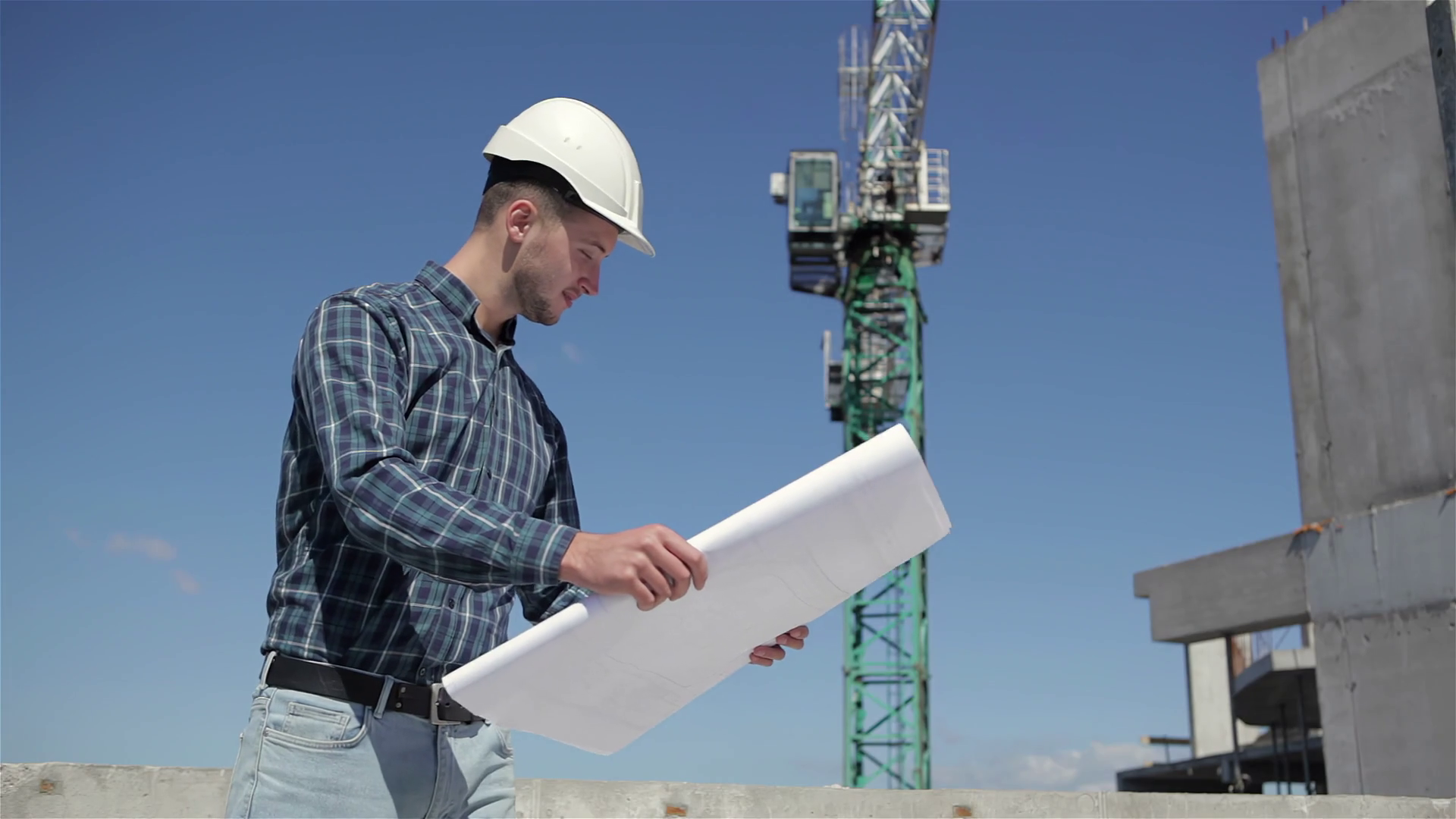 Construction Manager Look At Sheet With Plan Stock Footage SBV ...