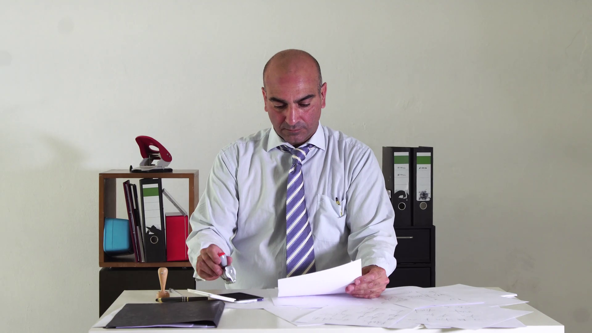 Bald Bureaucrat Sitting At Desk In Office Stock Footage SBV-308970942 ...