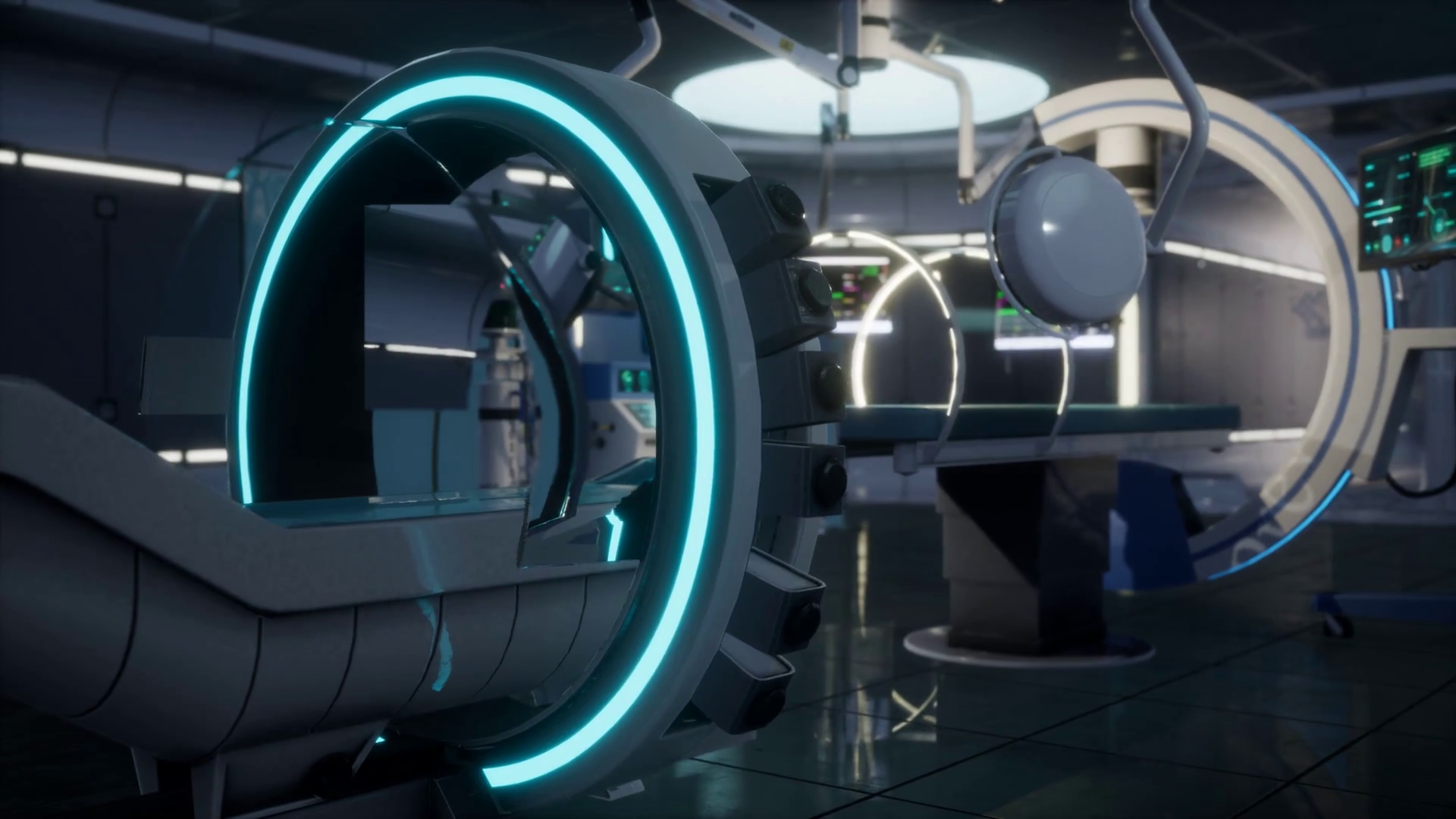 futuristic sci fi MRI Scanner medical equipments in hospital Motion ...