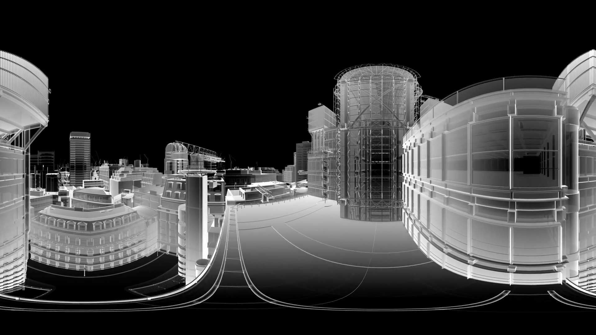 vr 360 abstract animation of a camera moving among wireframe city ...