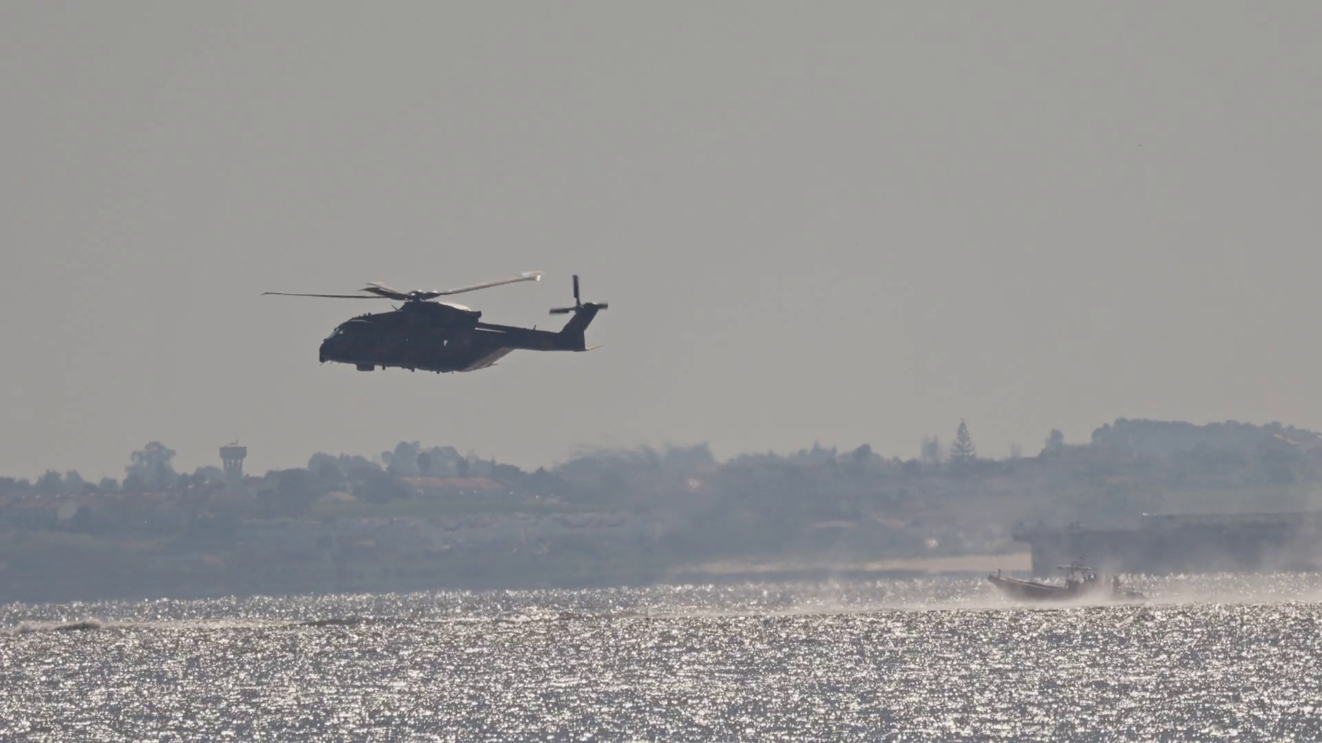 Military Helicopter Flying Over Sea Near Stock Footage SBV-351973700 ...