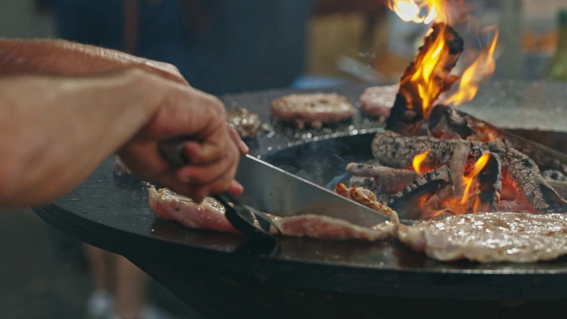 The Chef Cooks Meat On Stove With Fire In Stock Footage SBV-348432439 ...