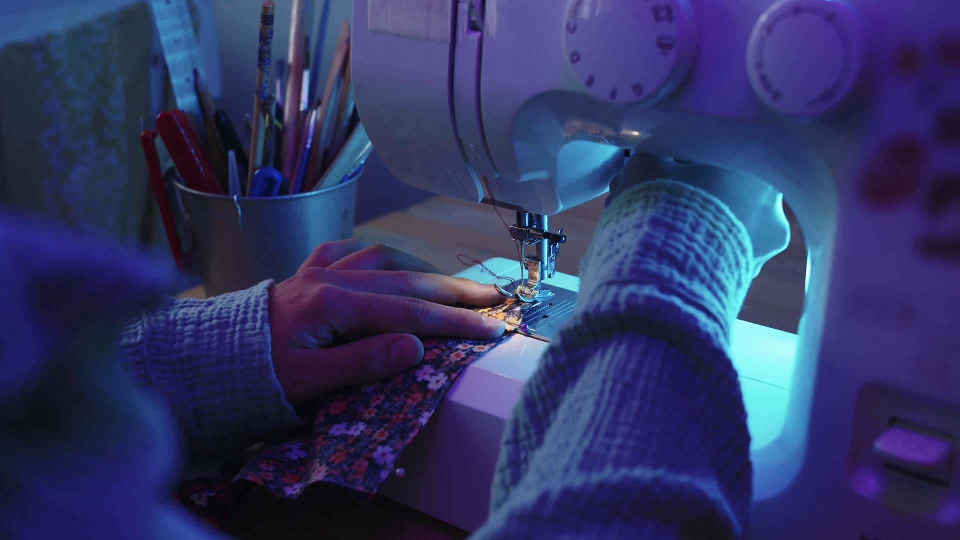 Woman Stitching Floral Fabric In Blue Light Stock Footage SBV-348527553 ...