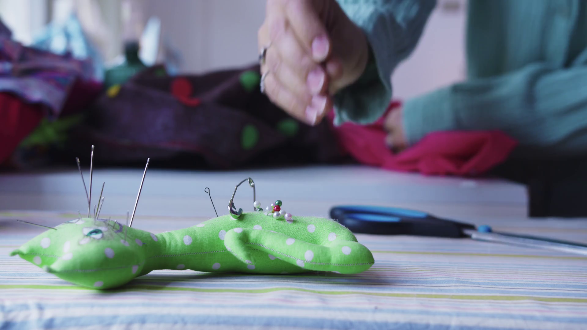 A Seamstress Sticks Pin Into Needle Dummy Stock Footage SBV-348528495 ...