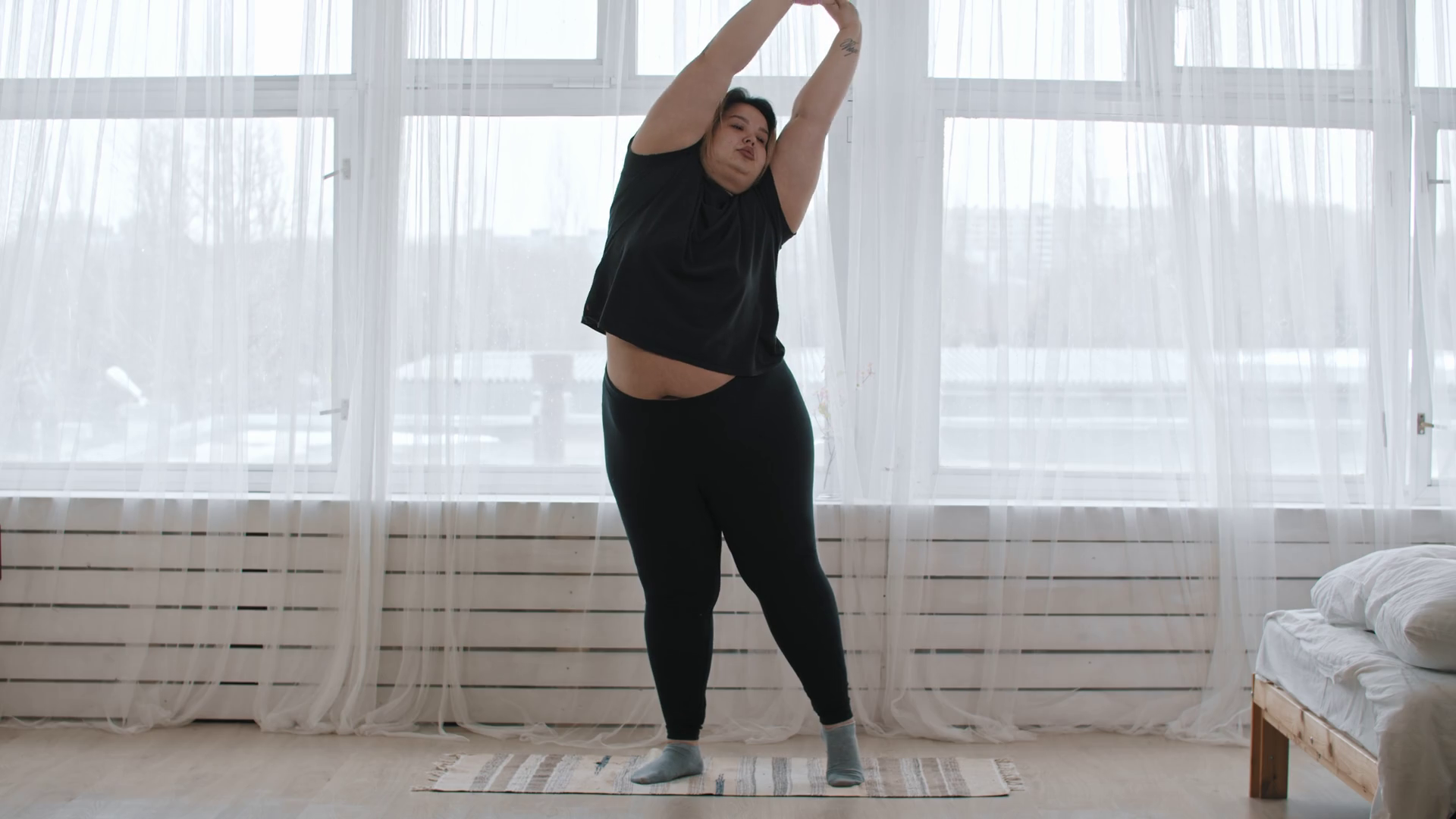 A Fat Woman Doing Stretching Up Exercises At Stock Footage SBV ...