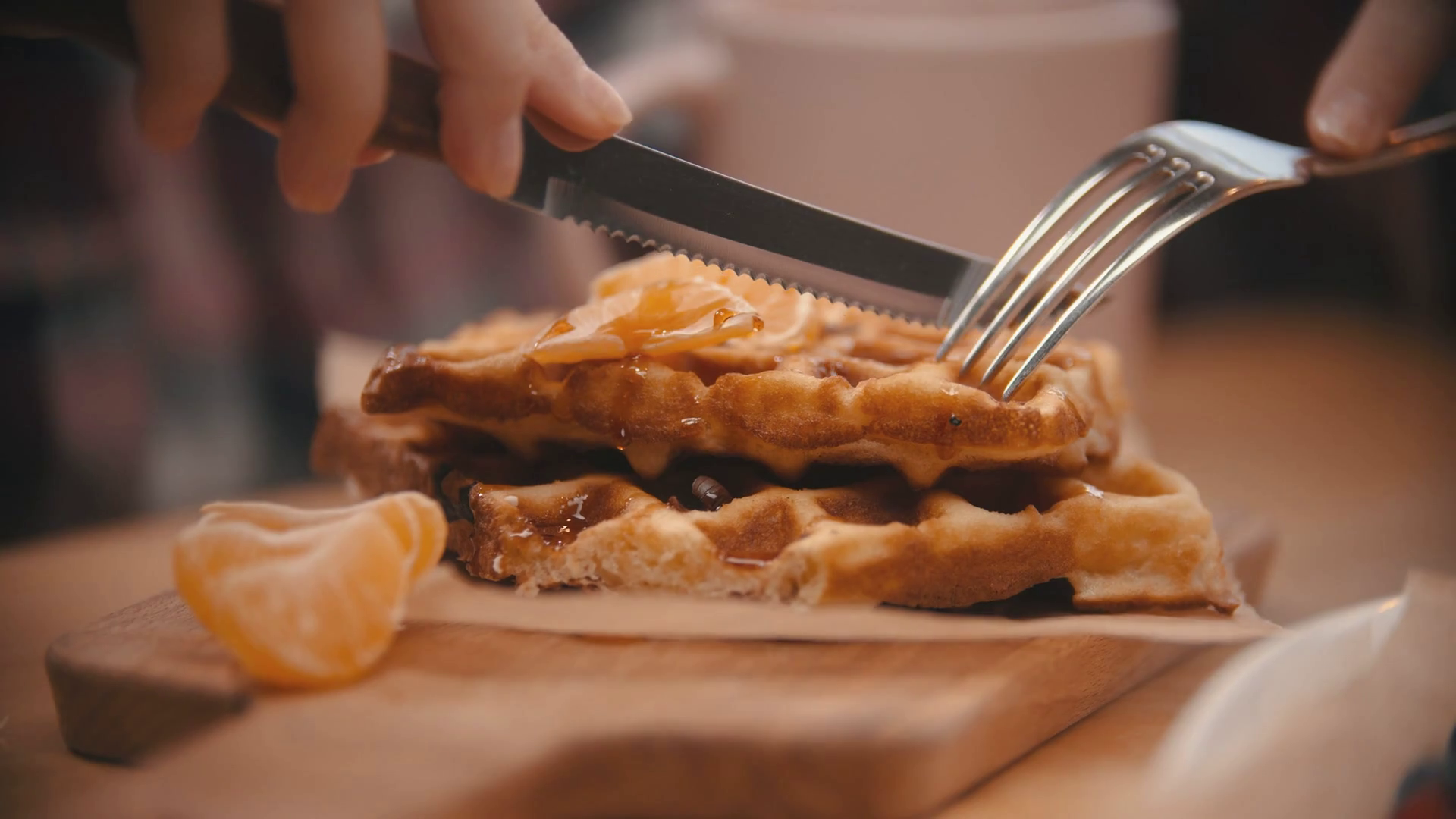 A Woman Cutting Waffle Covered In Syrup In Stock Footage SBV-338103358 ...