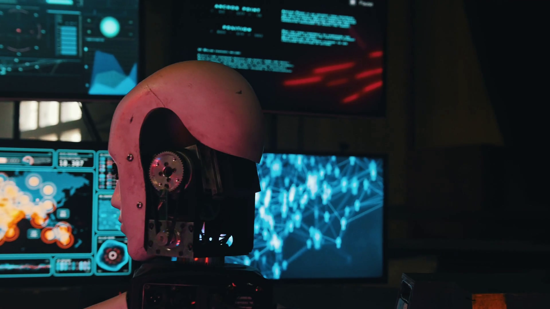 Futuristic Humanoid Robot Sitting Monitors Stock Footage SBV-337741198 ...