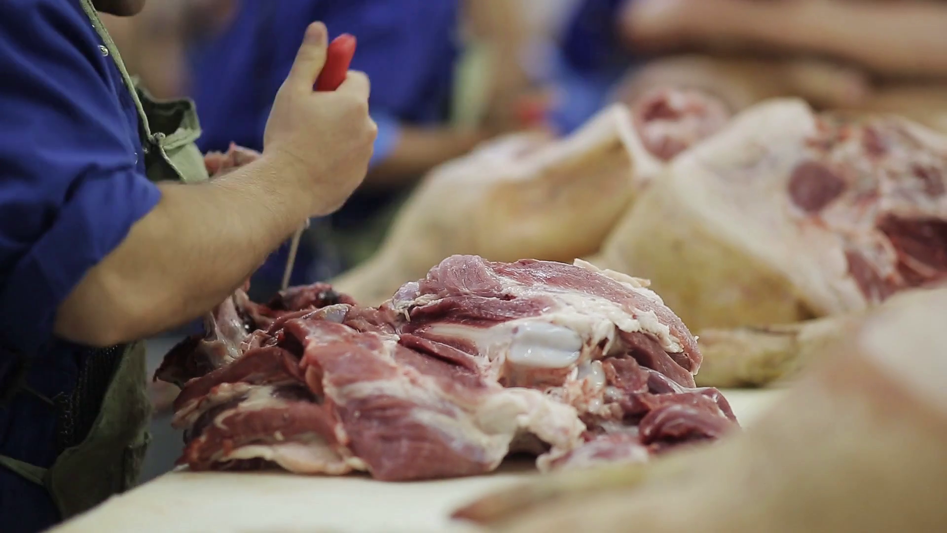 Butcher Cutting Pork Meat In Meat Factory Stock Footage SBV-319089572 ...