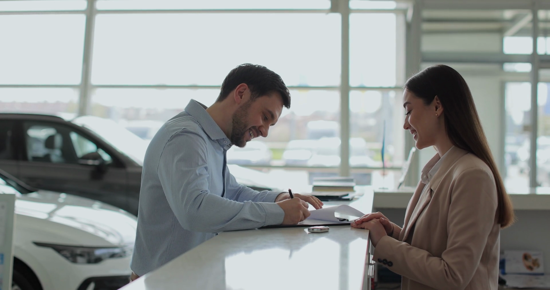 Handsome Man Buying New Car Signing Contract Stock Footage SBV ...