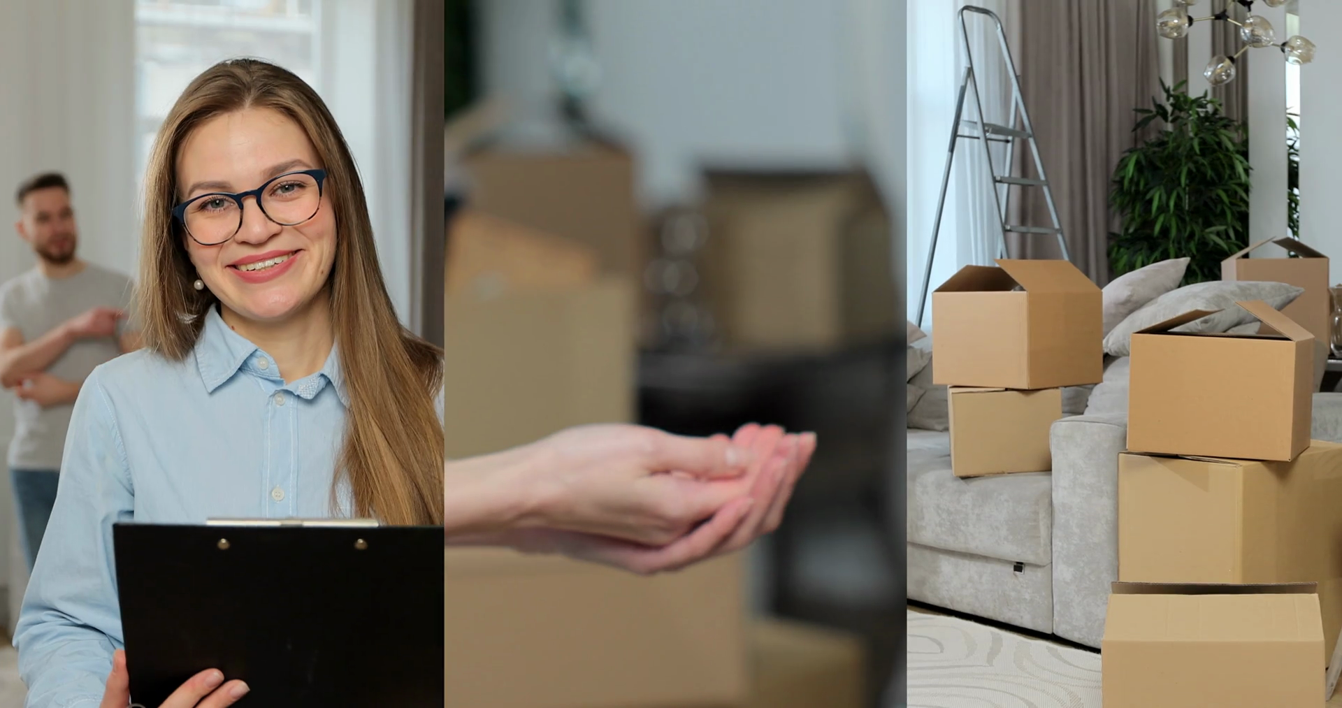 Collage of real estate agent is giving keys to buyers of new apartment ...