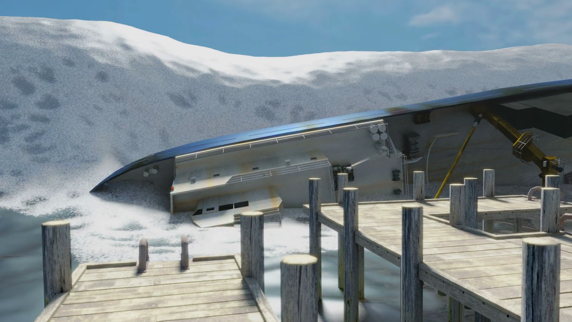 Tsunami Strikes Harbor Capsizing Boat. High-quality, detailed VFX (3d ...