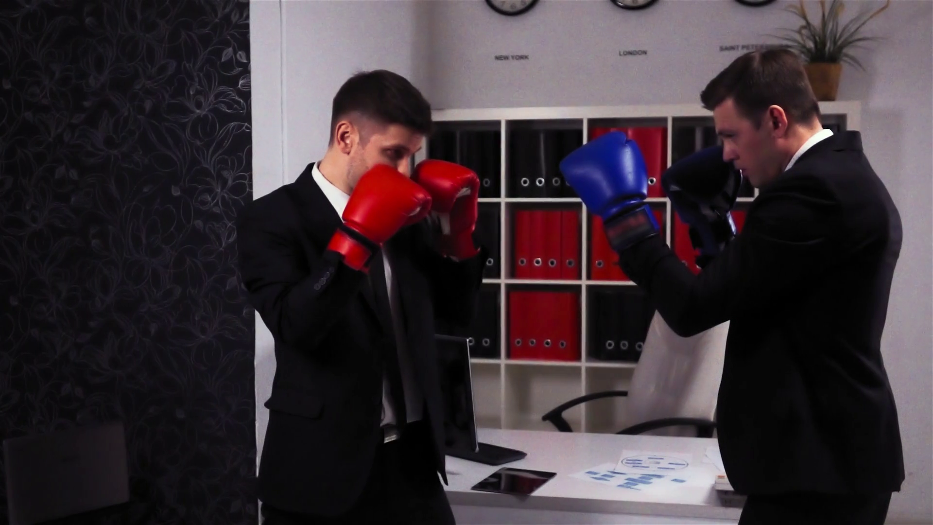 Boss Employee Boxing In Office Room Red Blue Stock Footage SBV ...