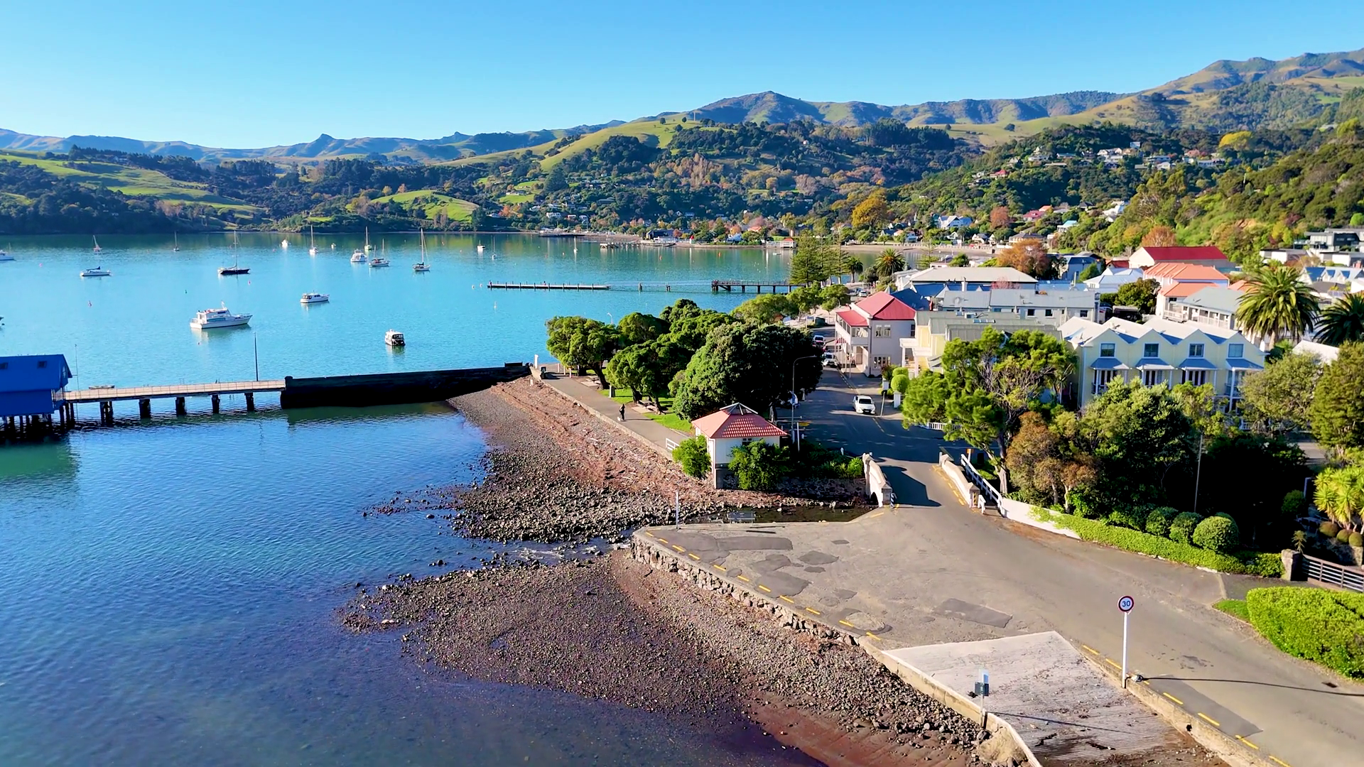 Aerial View Of Akaroa's Scenic Harbor Town Stock Footage SBV-352503736 ...