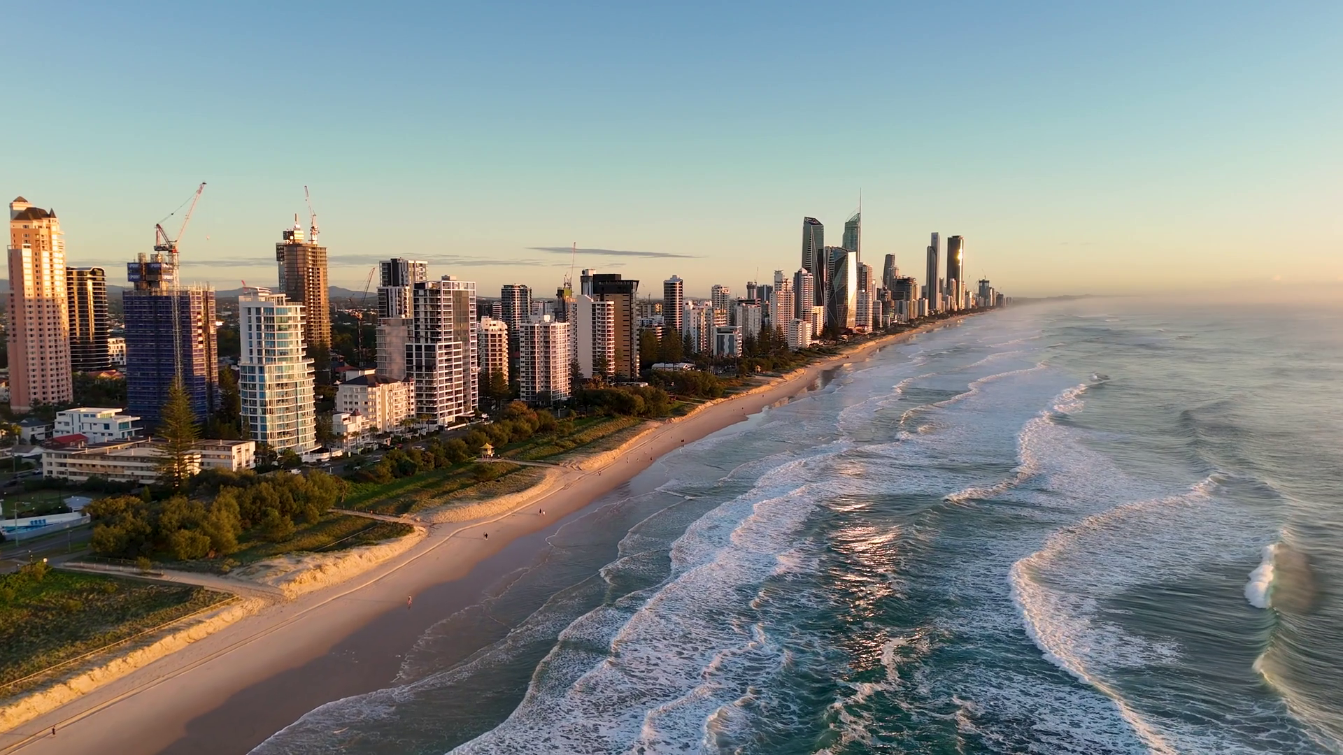 Aerial Sunrise Over Gold Coast Beachfront Stock Footage SBV-352393244 ...