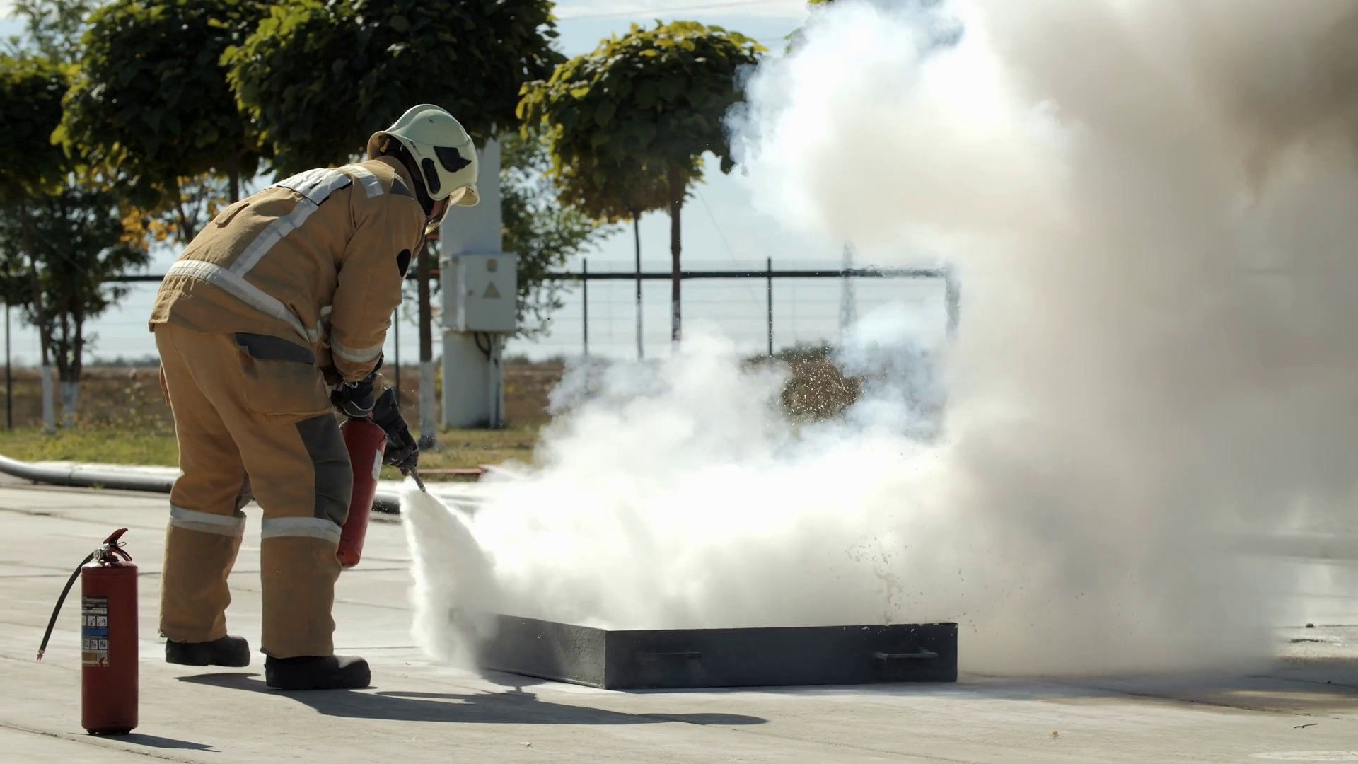 Firefighter Extinguishing Training Fire With Stock Footage SBV ...