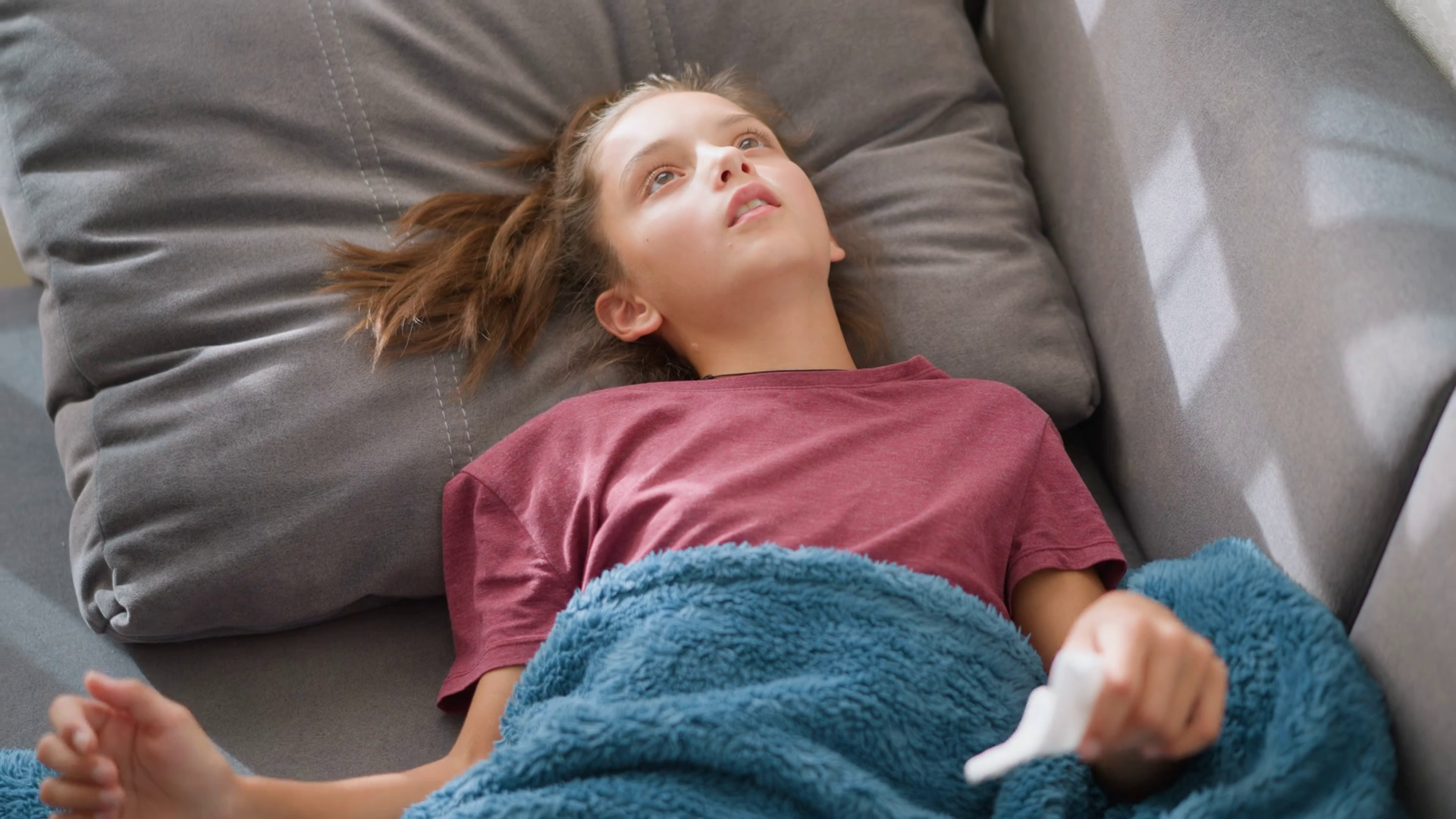 Restless Girl Lying On Couch Covered With Stock Footage SBV-351969803 ...