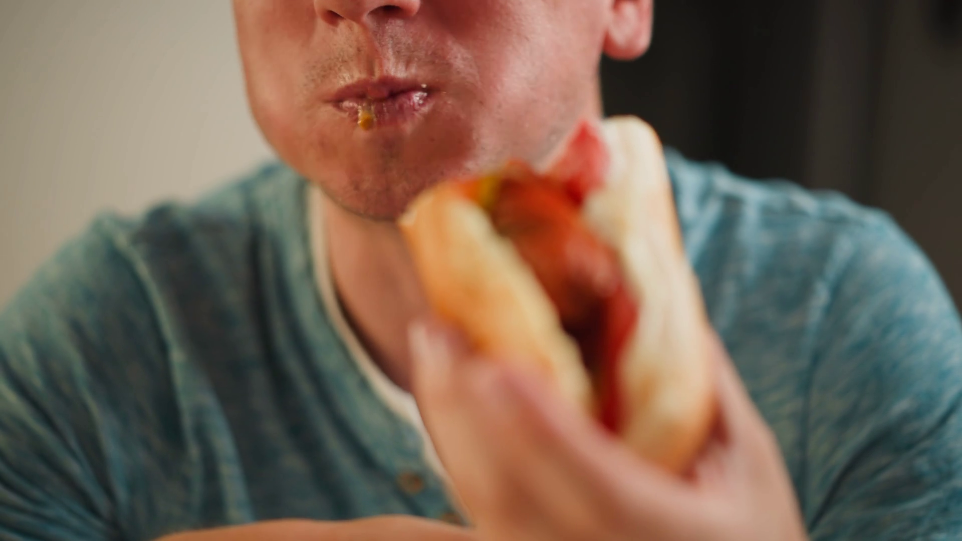 Close Up Of Hungry Man Eating Large Sandwich Stock Footage SBV ...