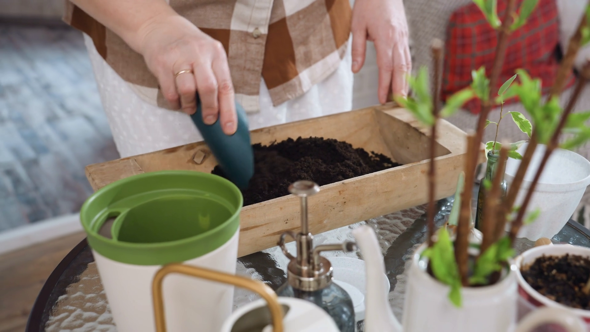 Gardener Uses Scoop To Gently Mix Moist Dark Stock Footage SBV ...