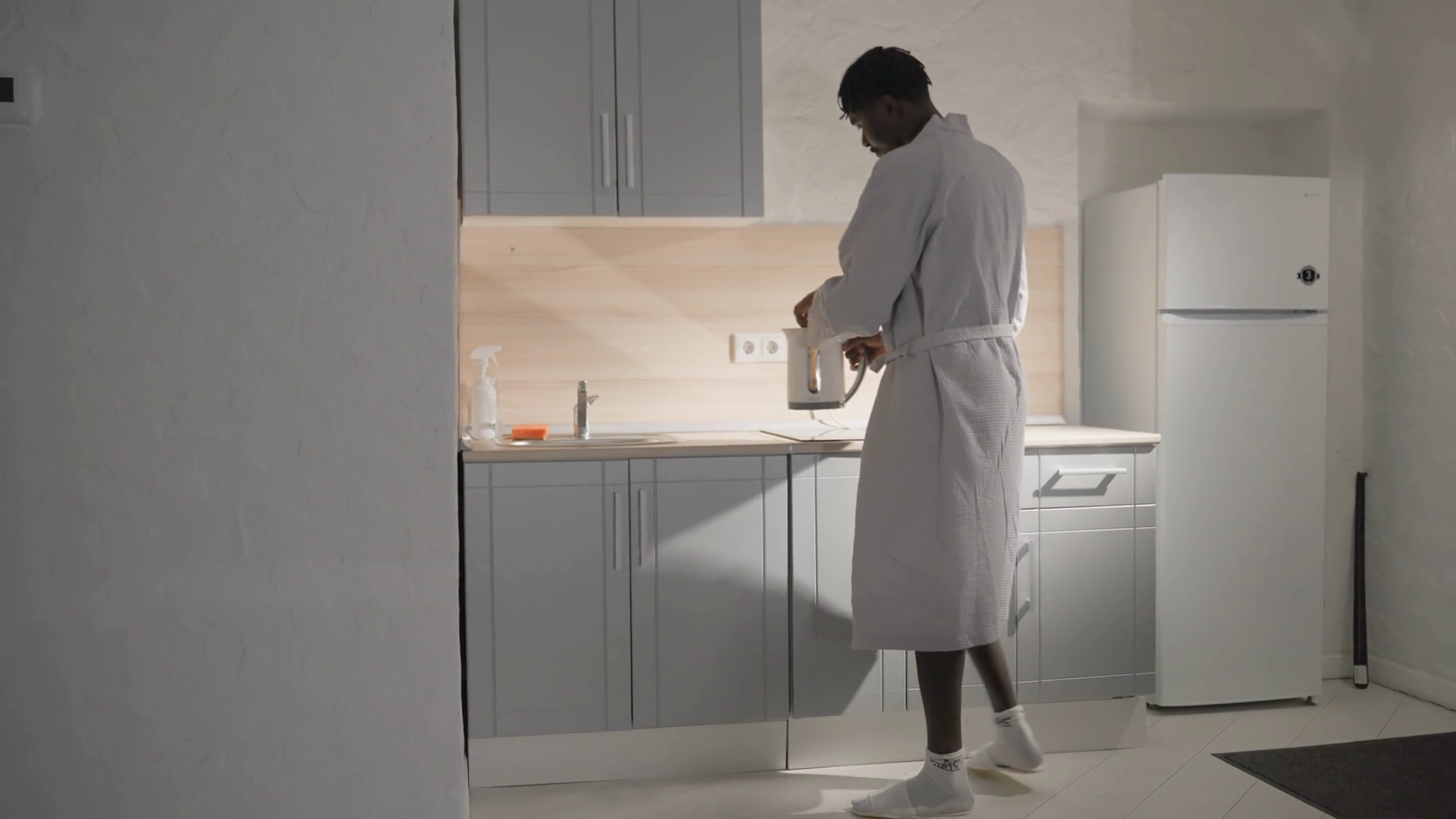 Guy In Bathrobe Standing In Modern Kitchen Stock Footage SBV-352458238 ...