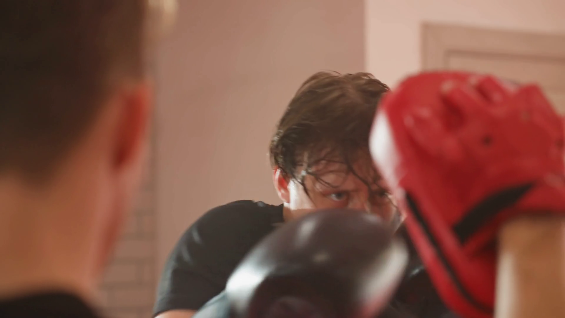 Focused Boxer Wearing Black Gloves Trains Stock Footage SBV-352982659 ...