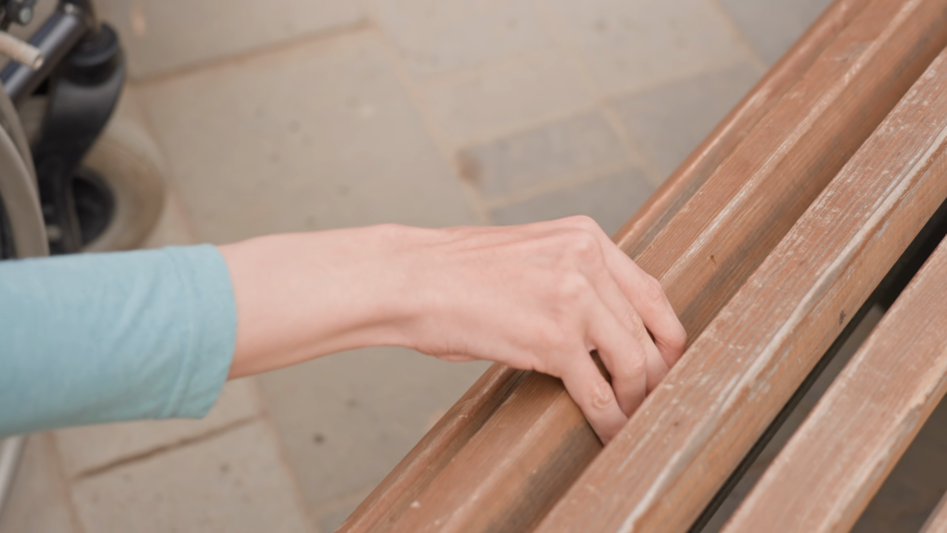 Hand On Bench Near Wheelchair Gentle Touch Stock Footage SBV-353504503 ...
