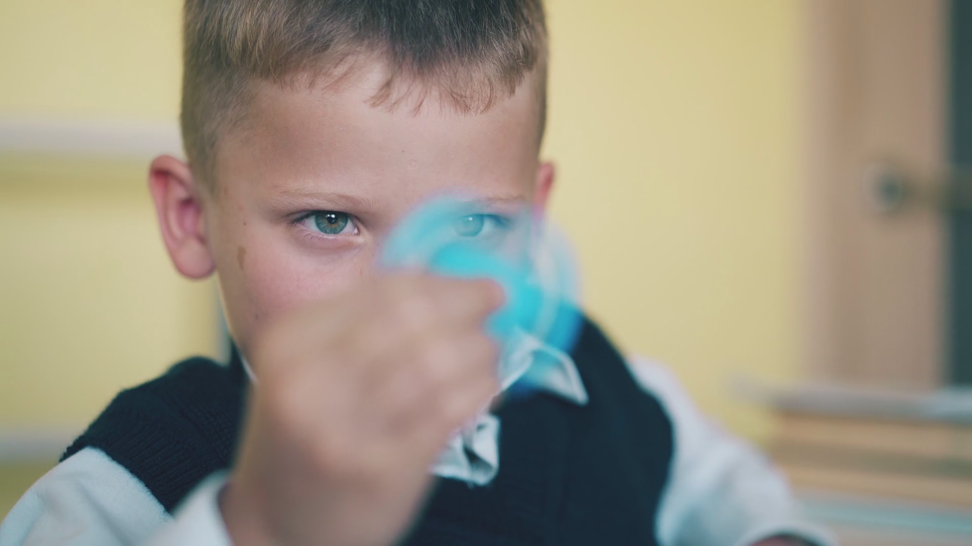 Blue Eyed Boy Holds Turning Spinner With Stock Footage SBV-347404484 ...