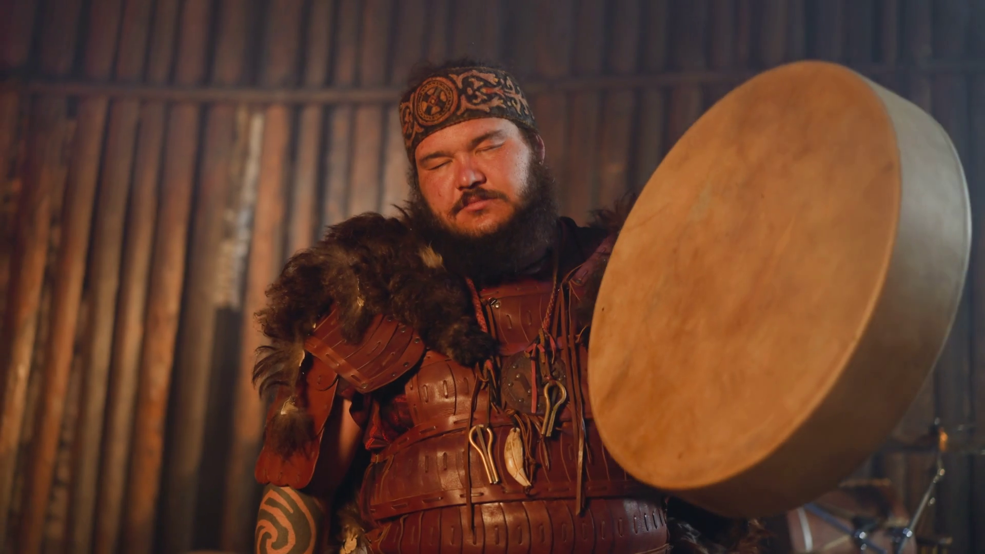 Bearded Man Taps Shamanic Tambourine Trying Stock Footage SBV-347438082 ...