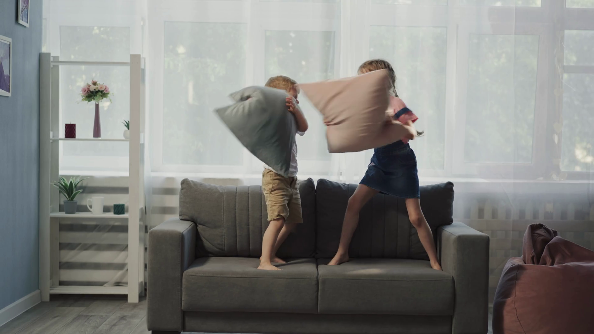 Brother Sister Fight With Pillows Standing Stock Footage SBV-347448509 ...